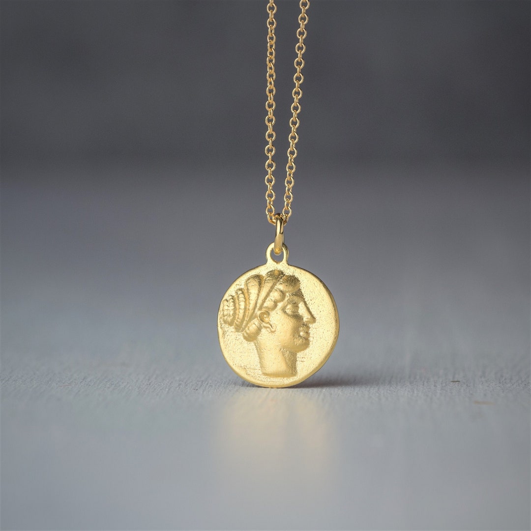 Solid Gold Greek Goddess Coin Necklace / Unique Ancient Greek Disk ...
