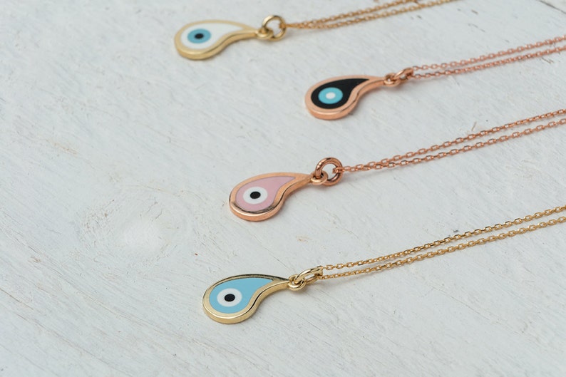 Evil Eye Necklace Solid Gold / 14k Enamel Teardrop Pendant / Dainty ...