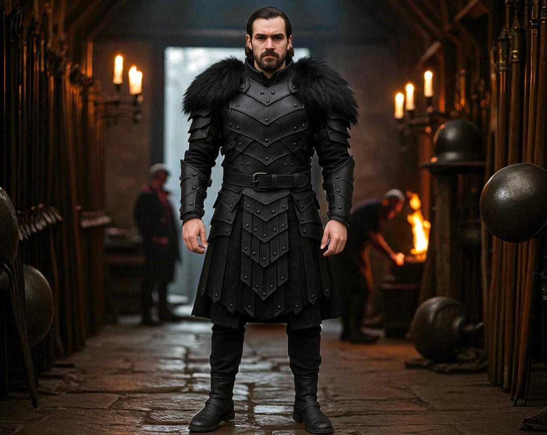 Knight LARP Costume With Fur |black Medieval Leather Armor | Viking ...