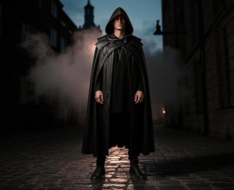 Assassin Black Leather Hooded Cloak With Shoulder Armor – Gothic ...