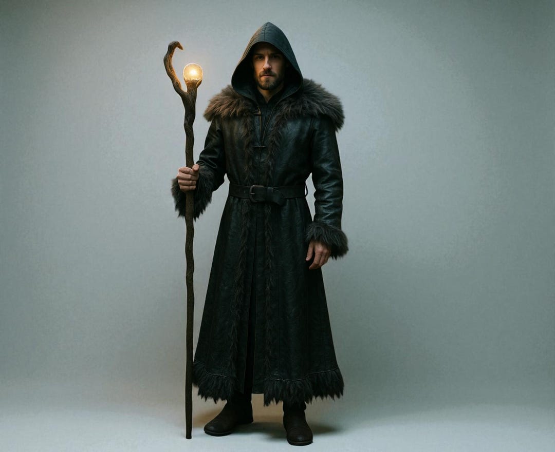 Hooded Druid Cloak With Fur Trim in Black Leather – Handmade Forest ...