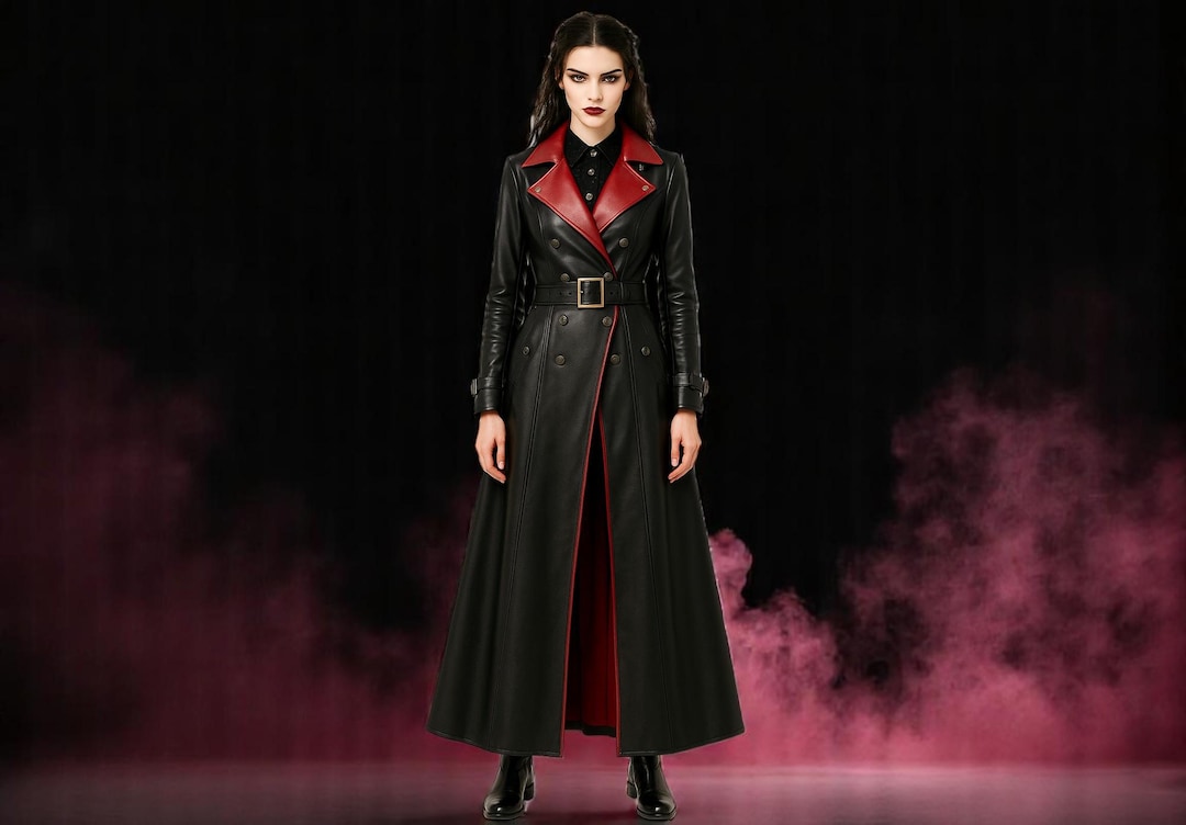 Gothic Vampire Leather Trench Coat – Black & Red Cosplay Long Jacket ...