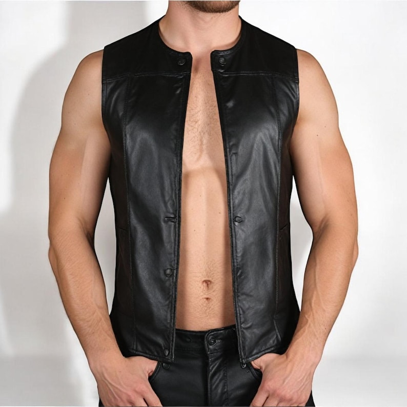 Handmade Front Open in Original Black Sheep Leather Vest for Men Party ...