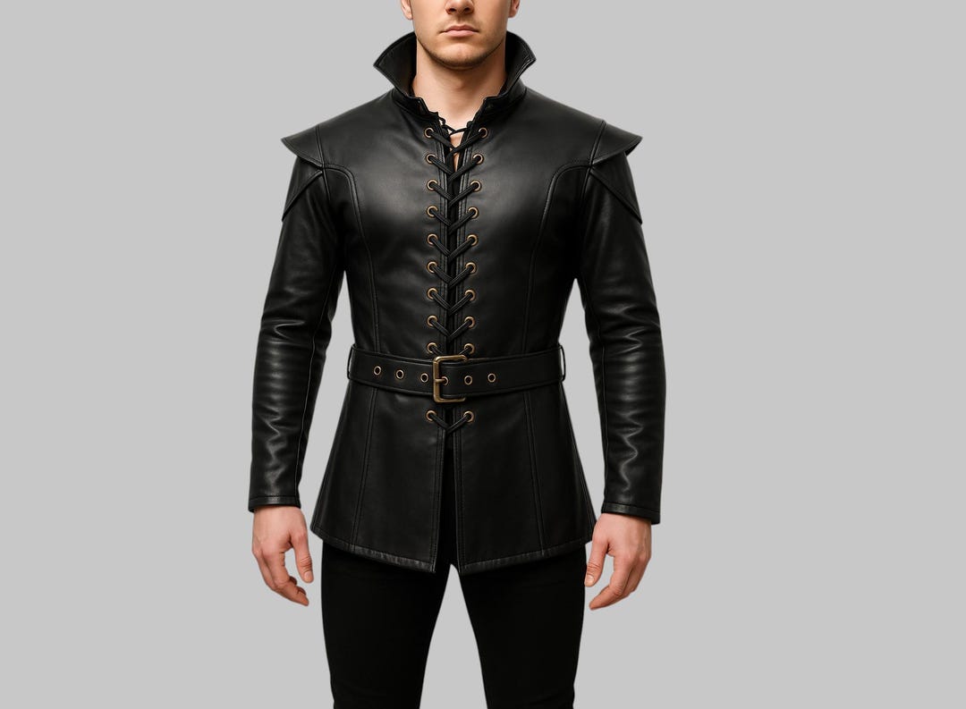 Gothic Warrior Leather Coat | Renaissance Fantasy Men's Lace-up Belted ...