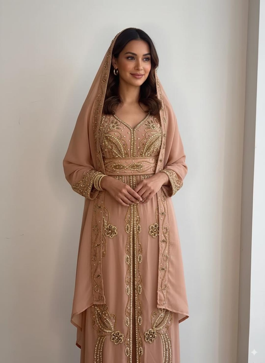 Elegant Moroccan Kaftan: Dusty Rose Pink, Gold Embellished Belt ...