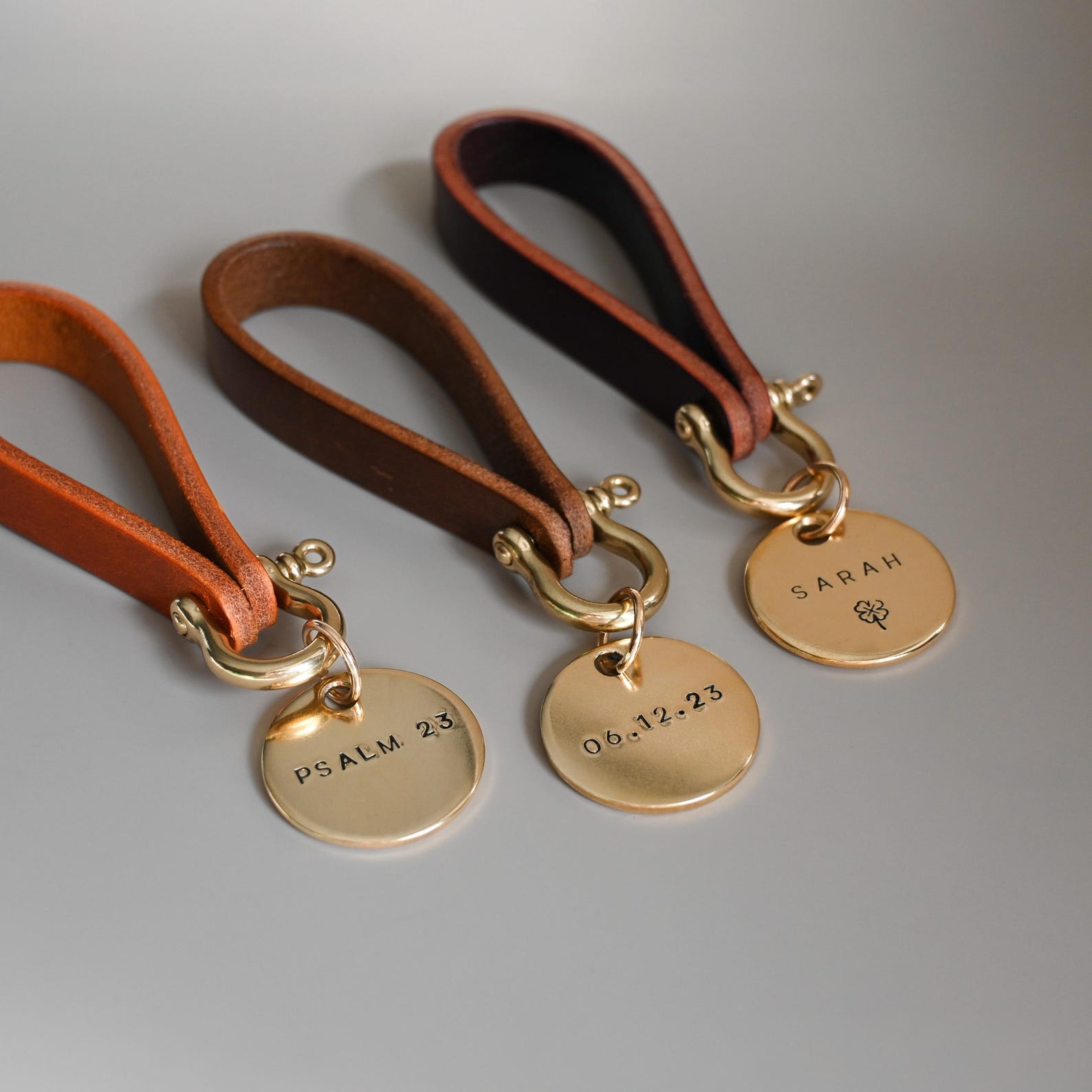 Personalized Brass Keychain With Leather Loop, Hand Stamped Name Data ...
