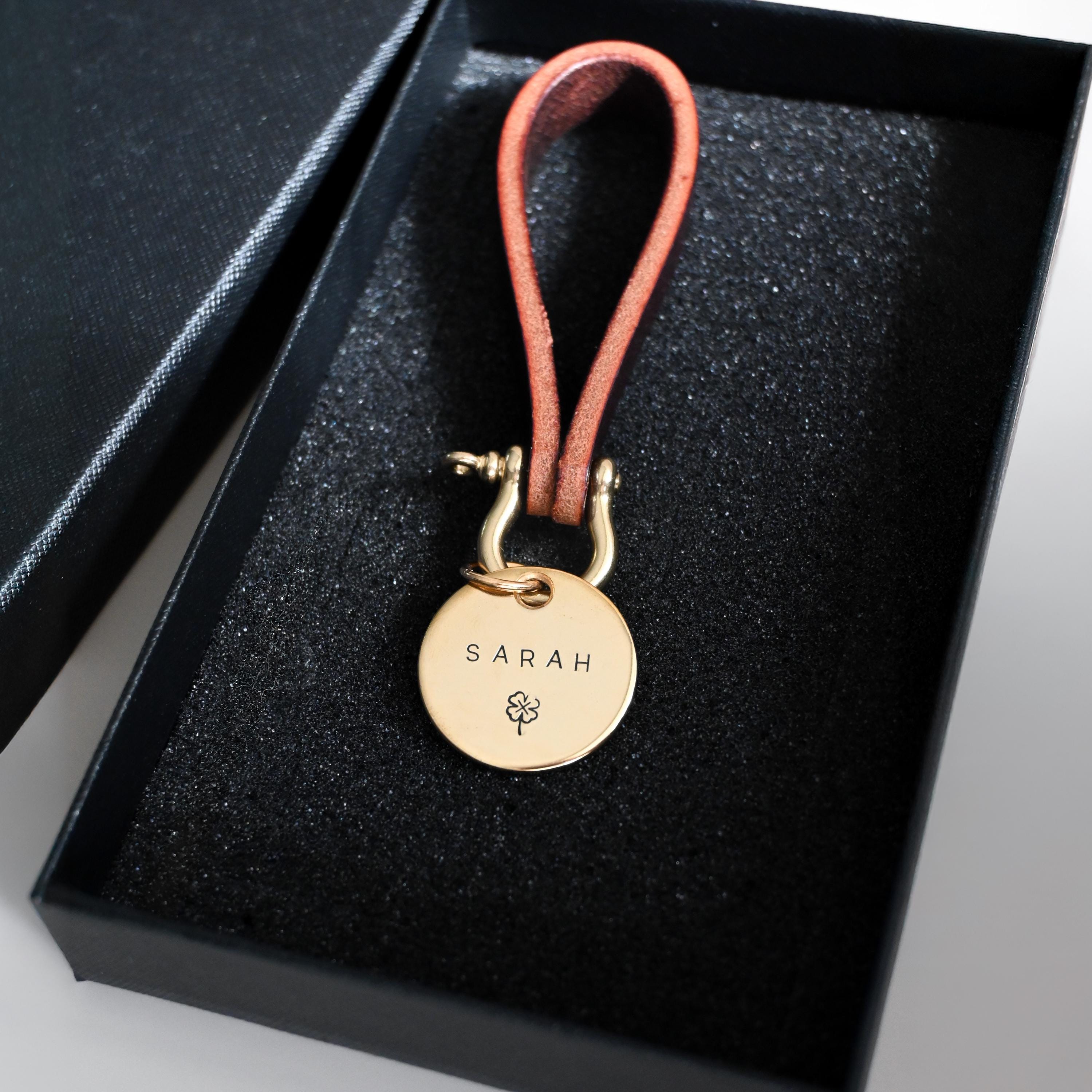 Personalized Brass Keychain With Leather Loop, Hand Stamped Name Data ...