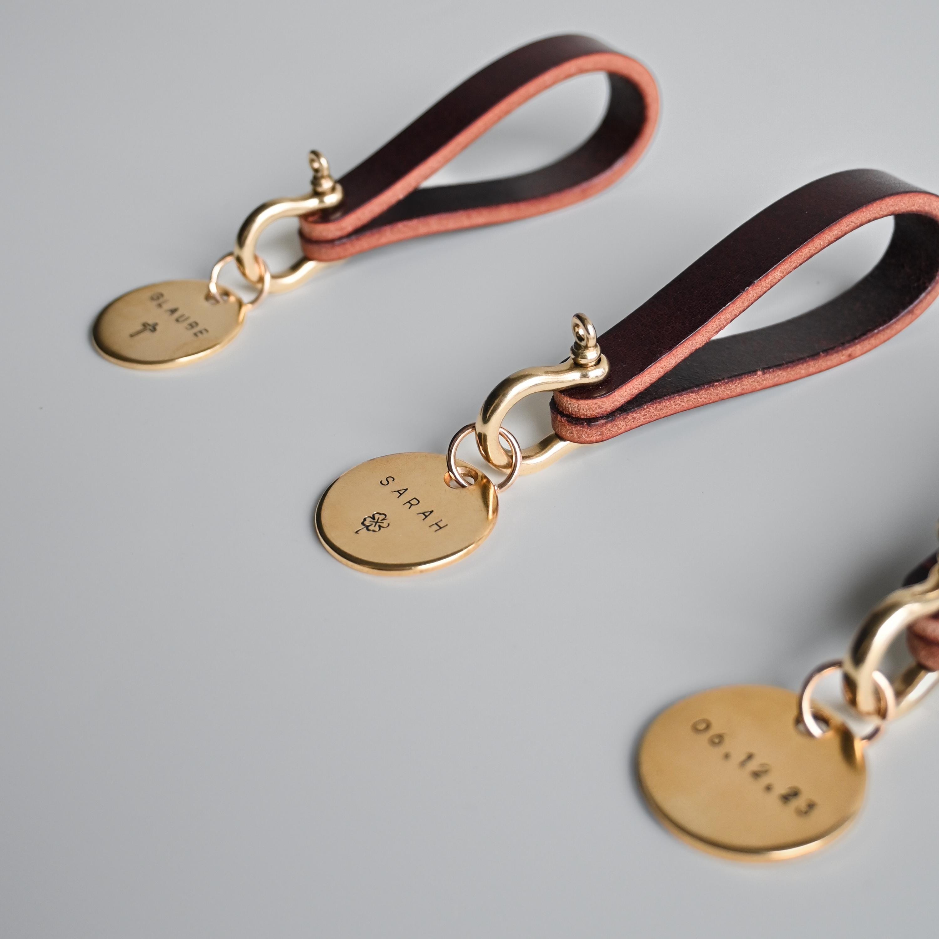 Personalized Brass Keychain With Leather Loop, Hand Stamped Name Data ...