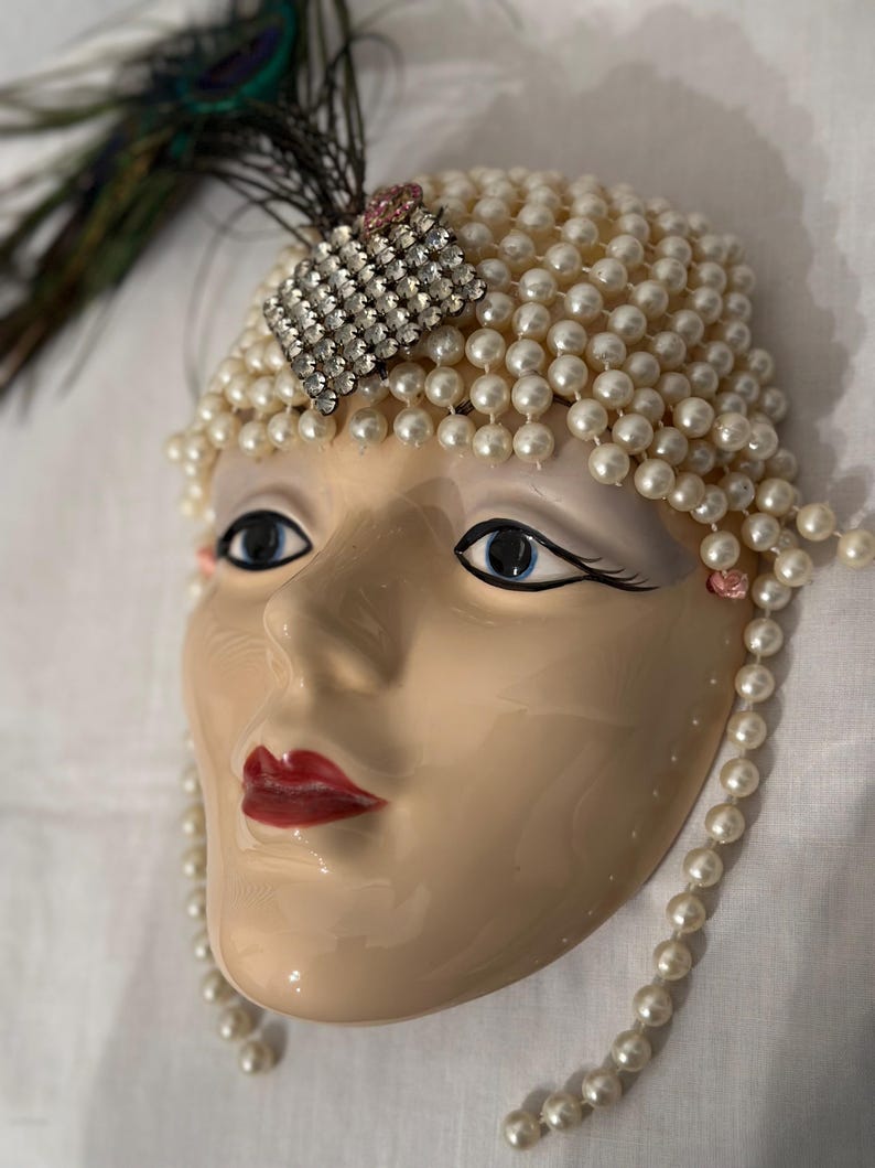 Vintage Ceramic Mask Art of a Woman in Head Draped in Pearls - Etsy