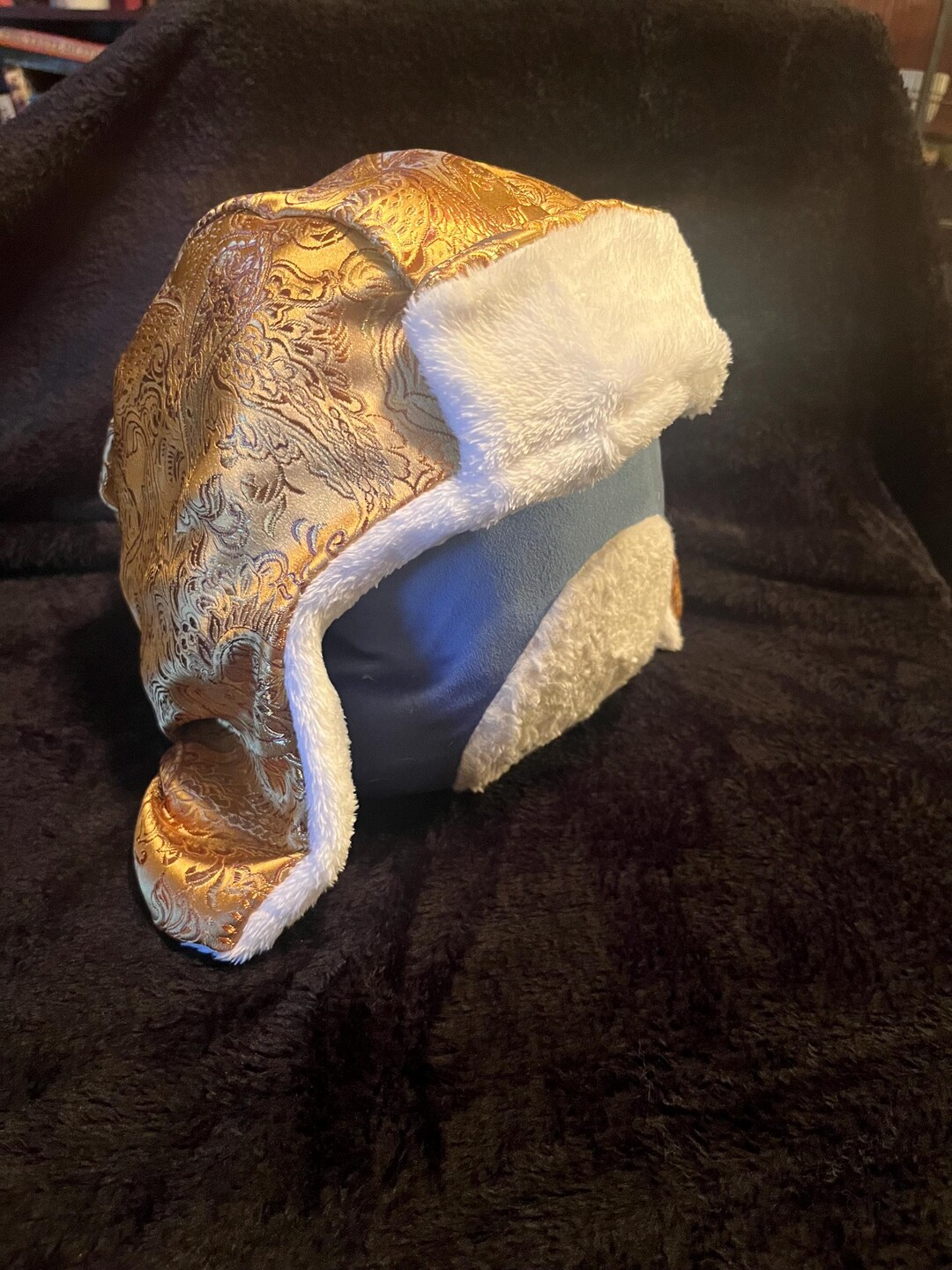 Winter Aviator Hat – Gold Brocade With White Fur Lining, Elegant ...