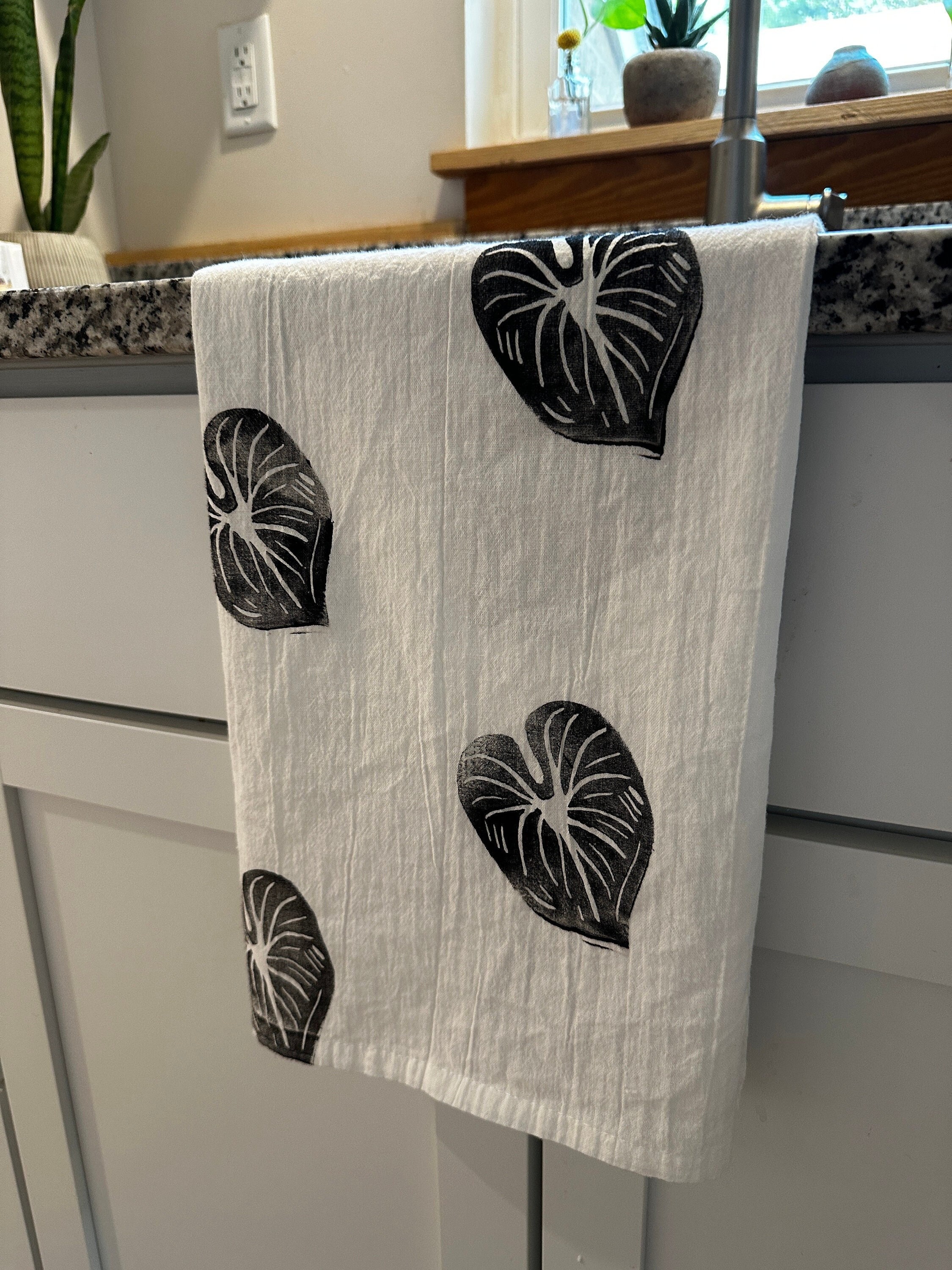 Hand Block Print Tea Towels. Pothos Leaves. Plant Lady Theme. Oversized ...