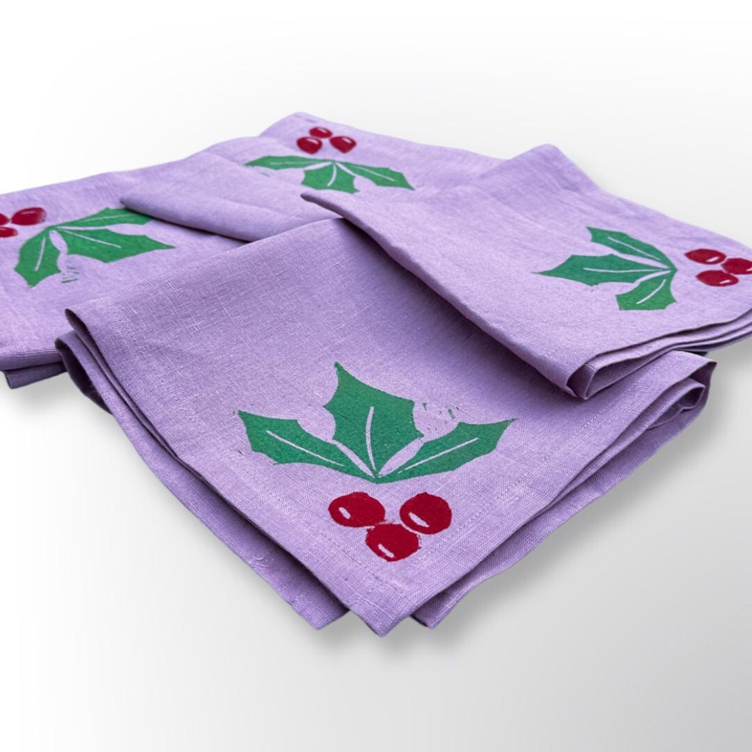 Block Hand Print. Holly Jolly Napkin Set. Linen. Purple. Lavender ...