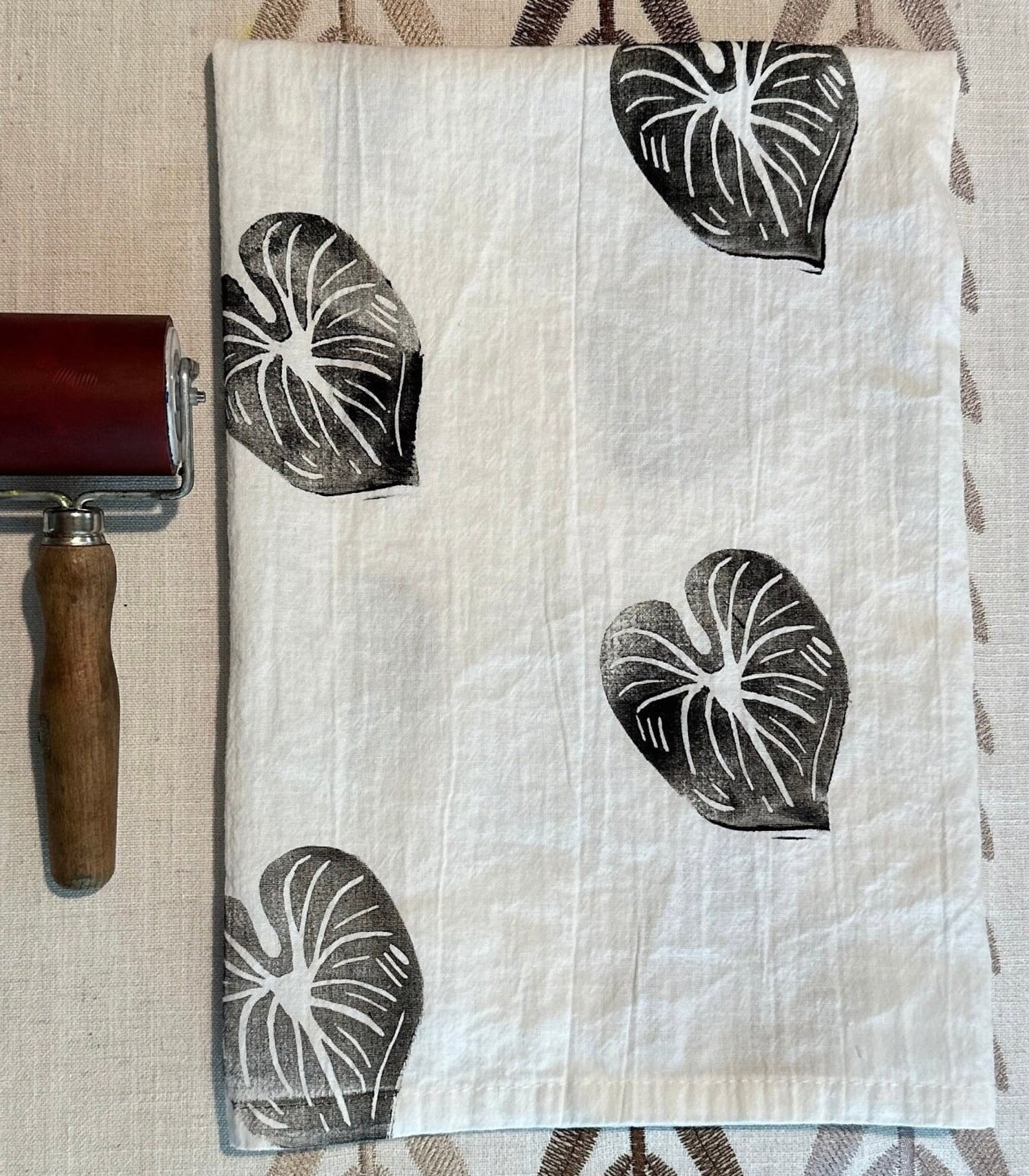 Hand Block Print Tea Towels. Pothos Leaves. Plant Lady Theme. Oversized ...