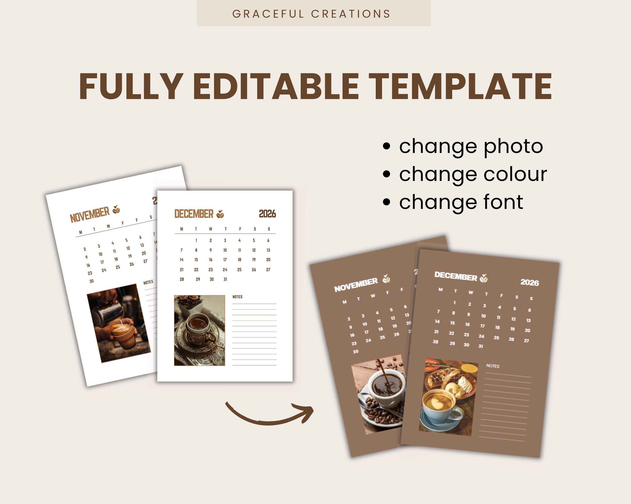 2026 Monthly Calendar Printable, Editable Canva Template (A4 and Letter ...