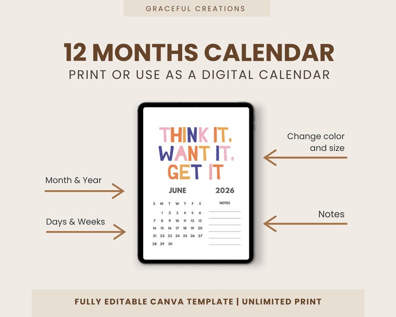2026 Affirmations Calendar Template: Editable Printable Wall Calendar ...