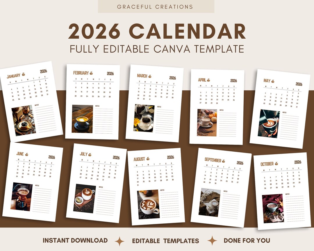 2026 Monthly Calendar Printable, Editable Canva Template (A4 and Letter ...