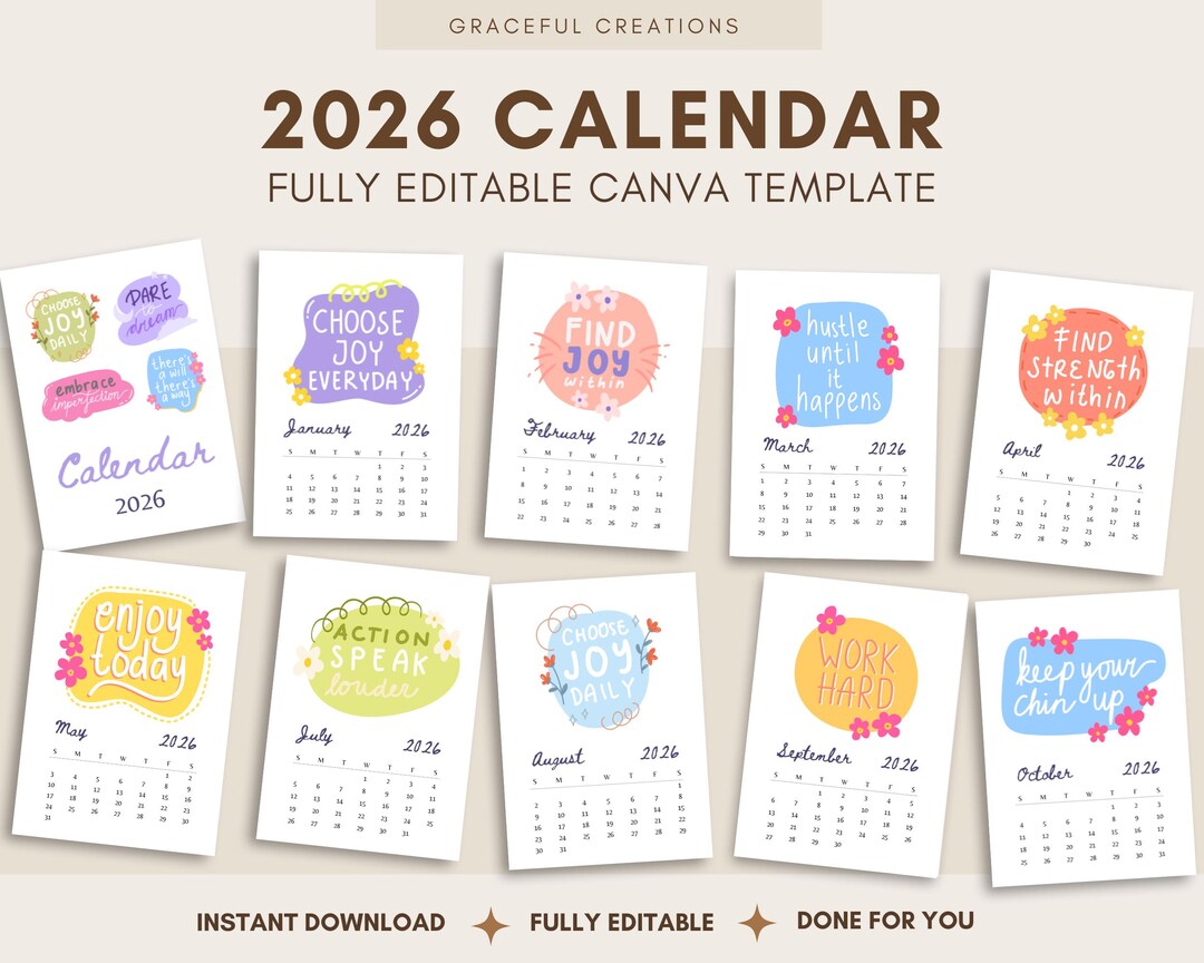 2026 Affirmation Calendar, Printable Monthly Planner (editable Canva ...