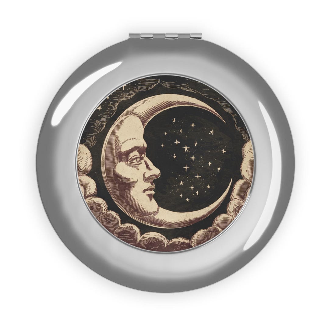 Old Crescent Moon Face Mirror Compact Vintage Moon Lithograph Old World ...