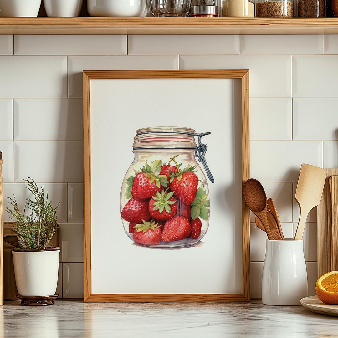 Strawberry Wall Art, Watercolor Print, Kitchen Decor, Farmhouse Art ...