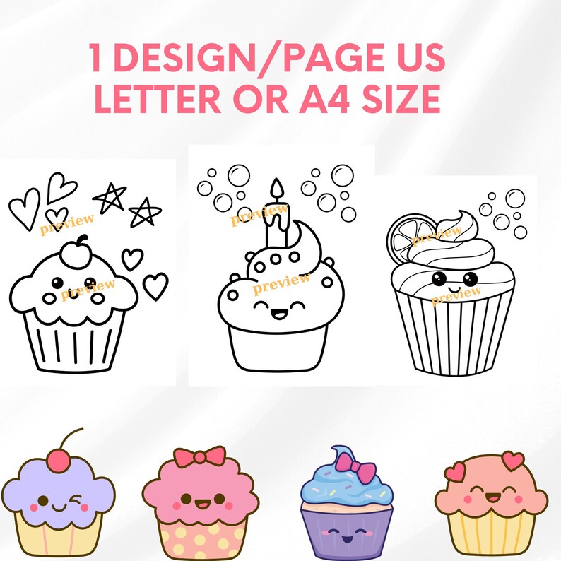 Cute Kawaii Cupcake Coloring Pages / Cute Cupcake Printables / Large ...