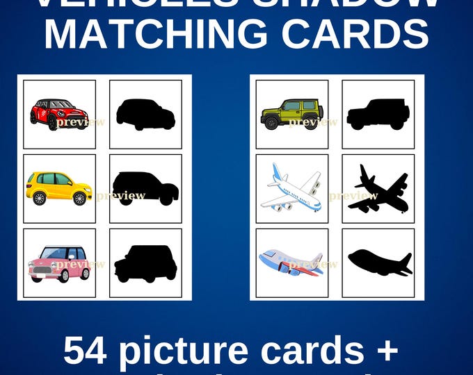 Vehicle Shadow Matching Cards. Montessori Toddler Printable. Preschool ...