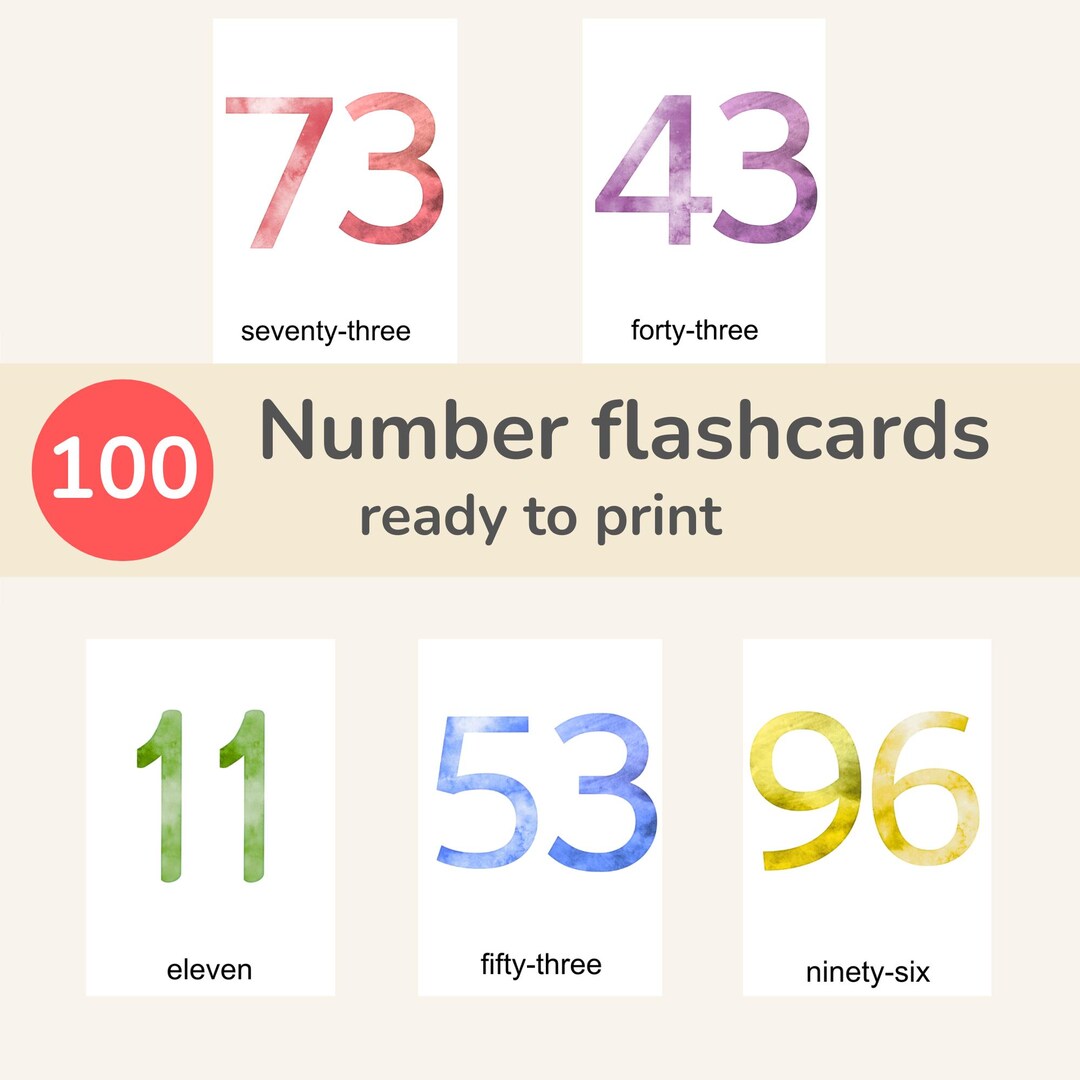 Number Flashcards 1-100 Printable / Preschool Math Flash Cards ...