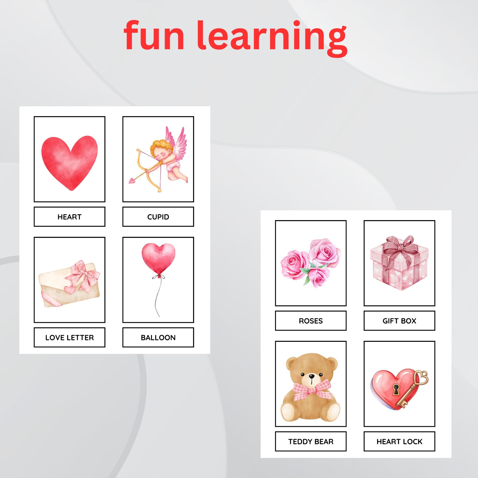 Valentine's Flashcards / 3-part Cards / Valentines Learning Printable ...