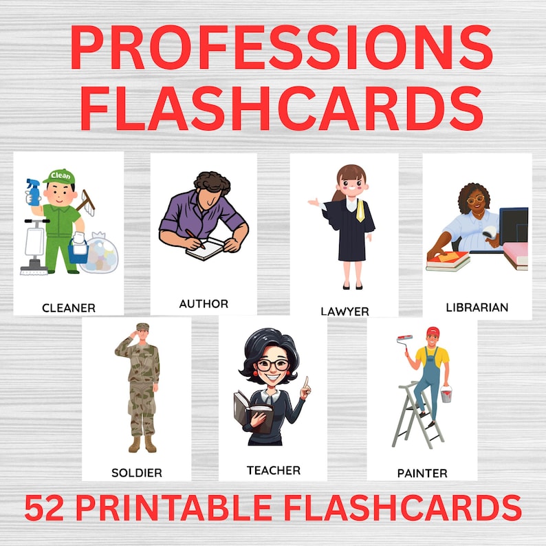 52 Professions Flashcards Printable / Job Image Cards for Kids ...