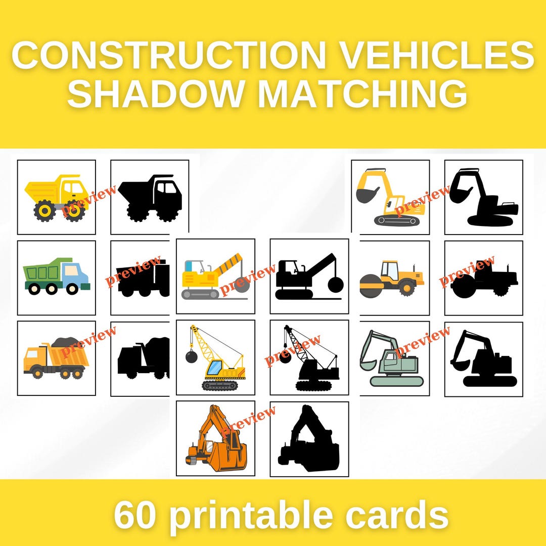 Construction Vehicle Shadow Matching / Printable Matching Game for Kids ...