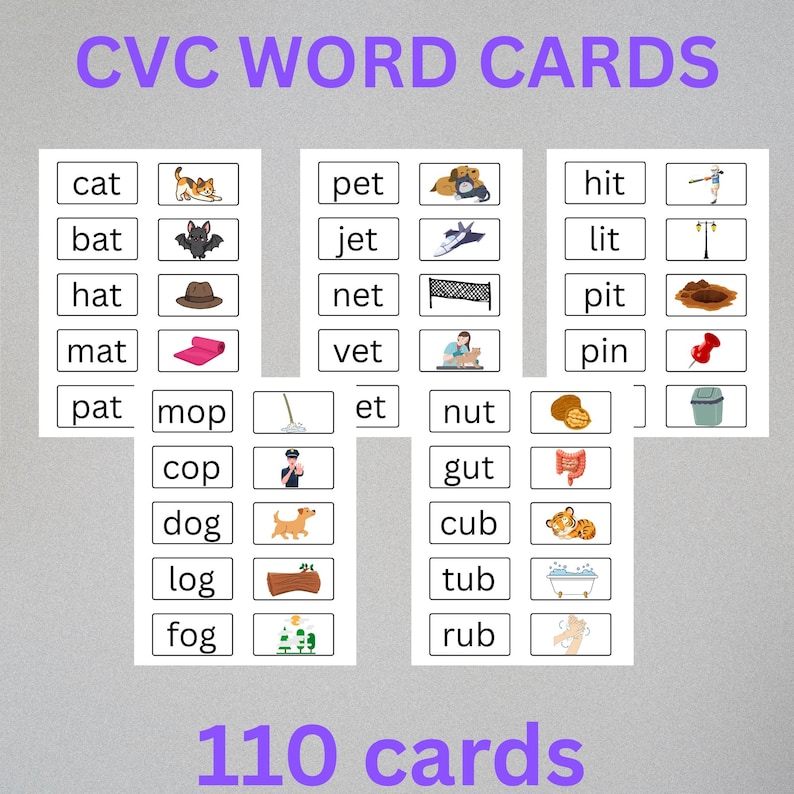 110 CVC Words Reading Printable / Montessori Phonics Cards ...