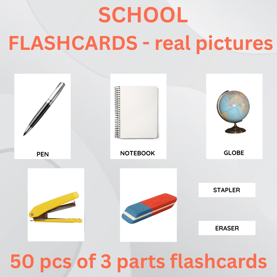 School Objects Flashcards / ESL Learning Nomenclature Cards / 3-part ...