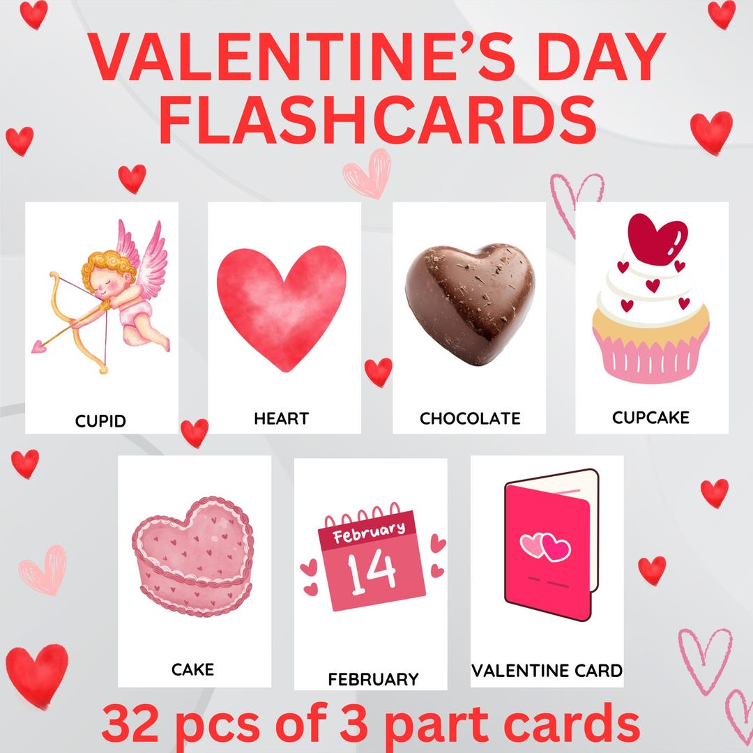 Valentine's Flashcards / 3-part Cards / Valentines Learning Printable ...