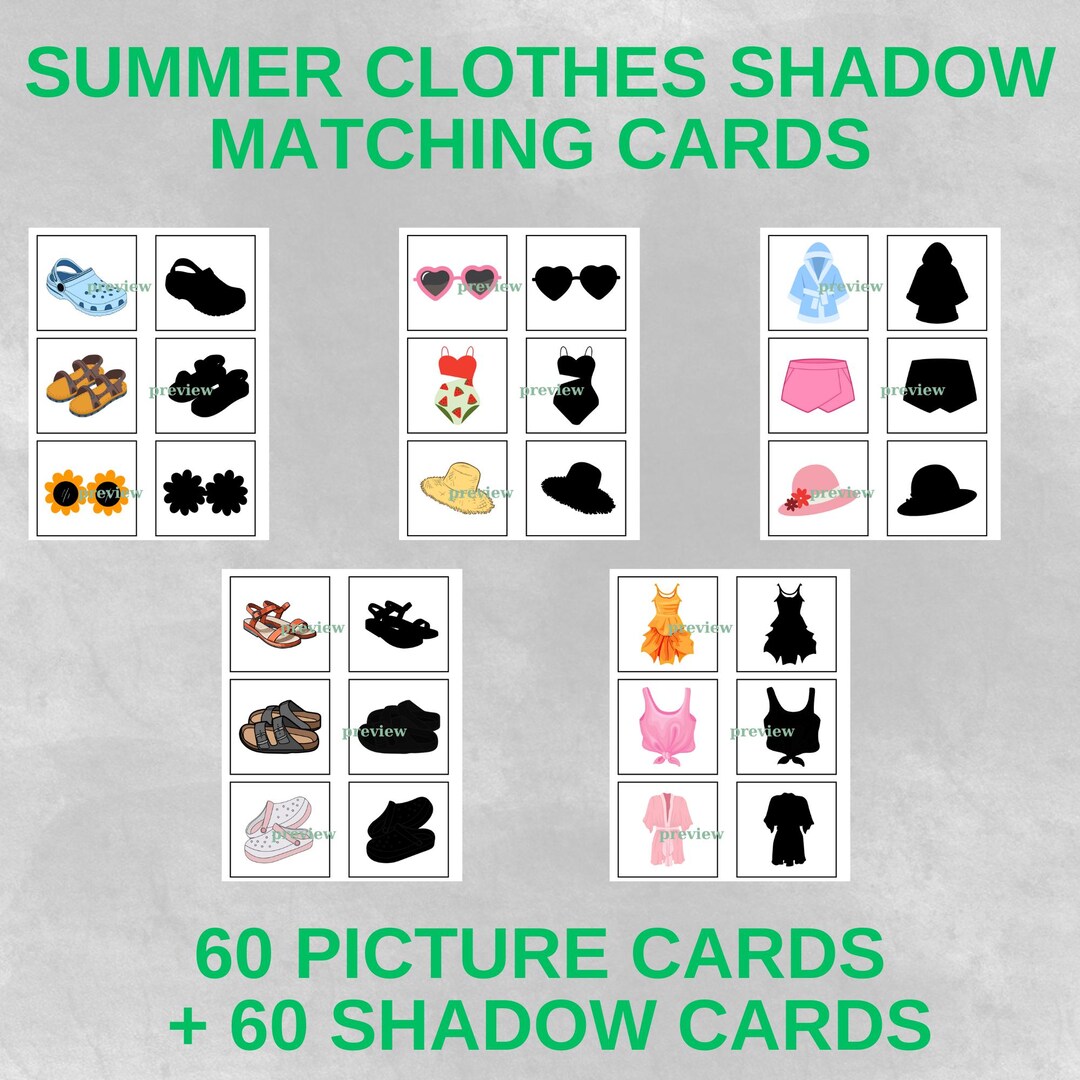 Summer Clothes Shadow Matching Cards / Summer Printable for Preschool ...