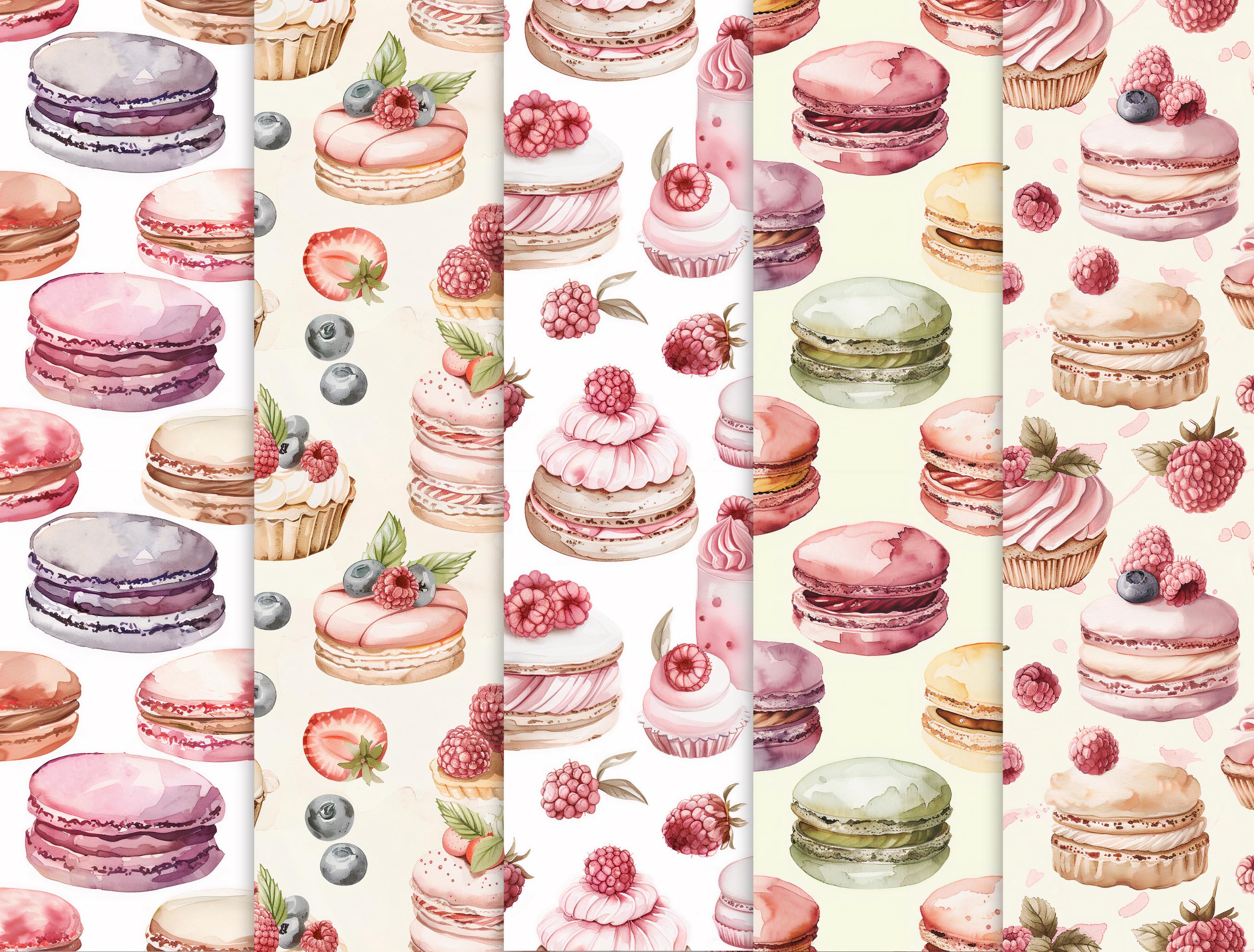 Watercolor French Pastry Printable Paper 20 Seamless Macaron Dessert ...