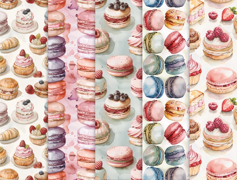Watercolor French Pastry Printable Paper 20 Seamless Macaron Dessert Digital Download Junk ...