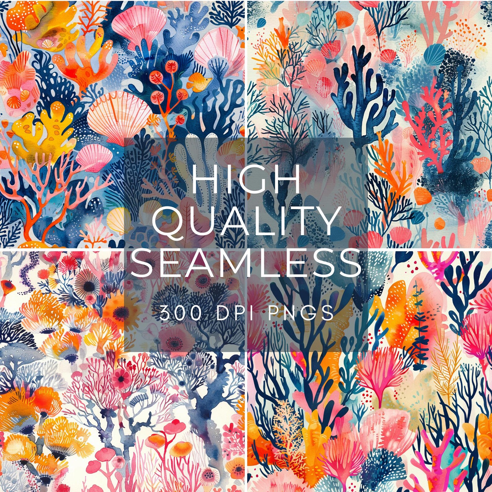 Watercolor Coral Reef Seamless Pattern Bundle: Pink & Blue (digital ...