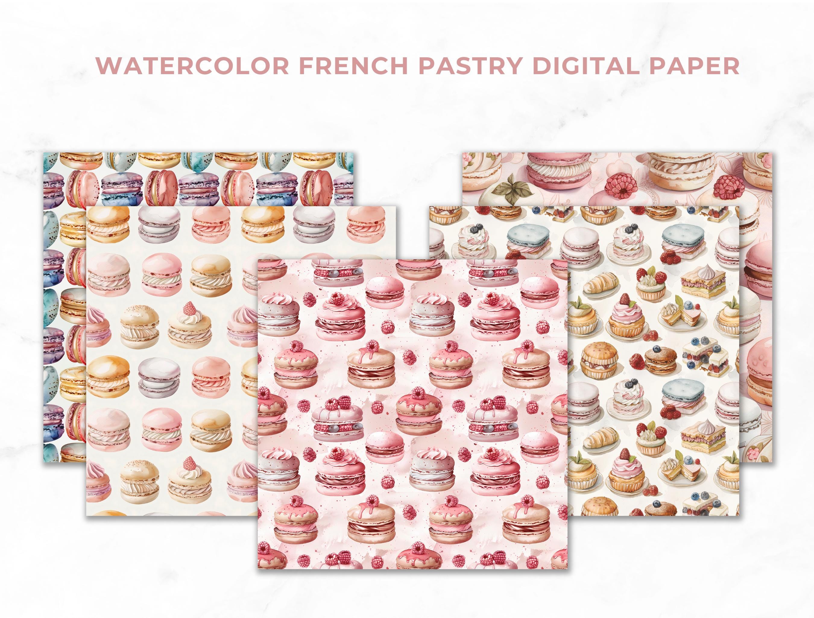 Watercolor French Pastry Printable Paper 20 Seamless Macaron Dessert ...
