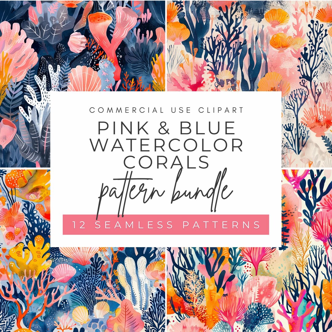 Watercolor Coral Reef Seamless Pattern Bundle: Pink & Blue (digital ...
