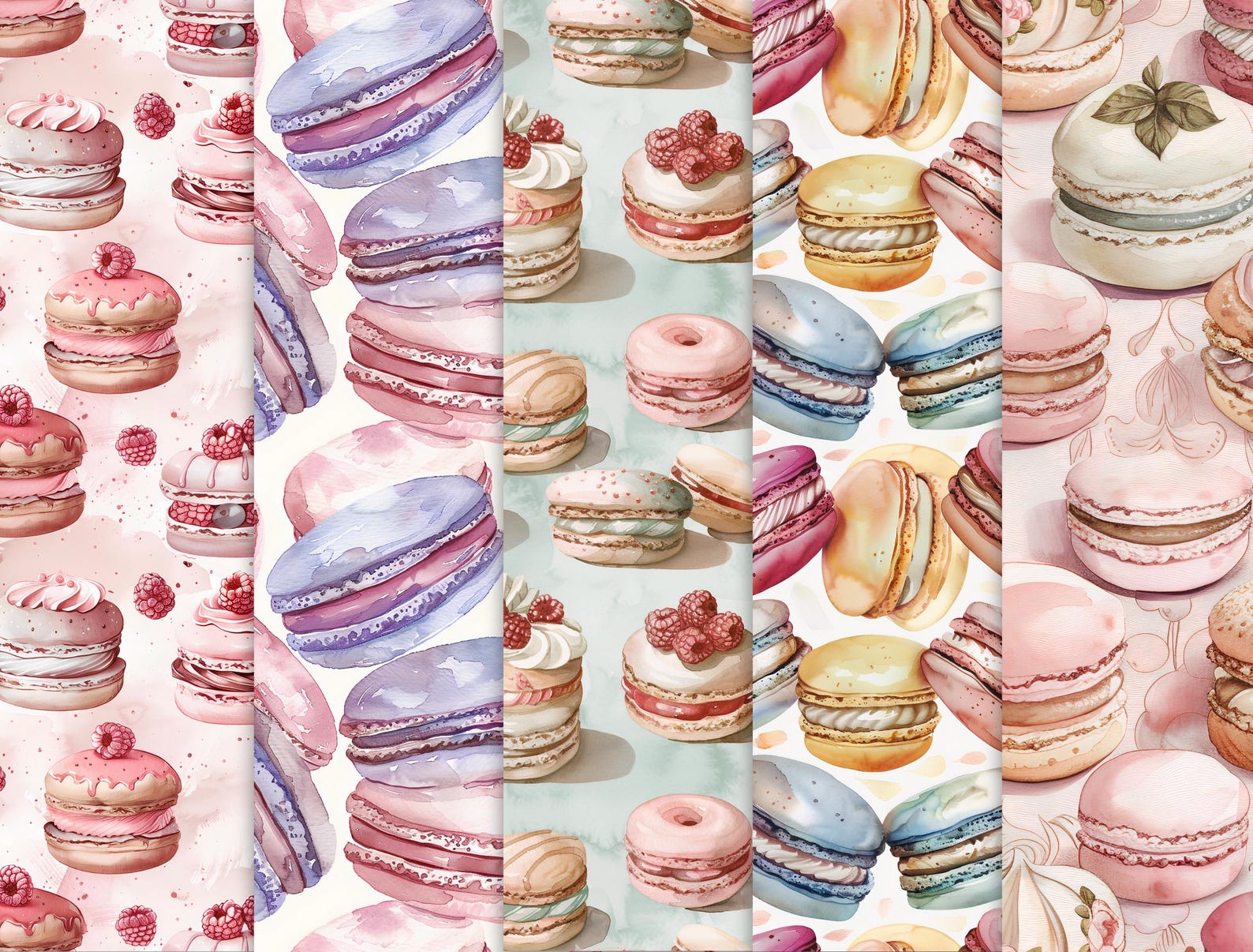 Watercolor French Pastry Printable Paper 20 Seamless Macaron Dessert ...