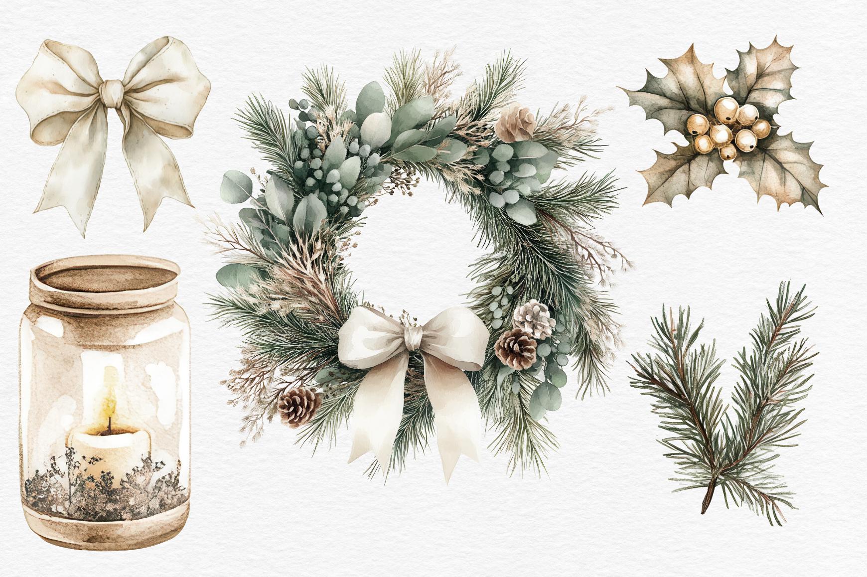Rustic Christmas Clipart Bundle: Boho Watercolor PNG (commercial Use ...
