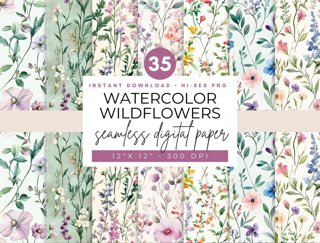 Watercolor Wildflowers Printable Digital Paper Flowers Floral Mega ...