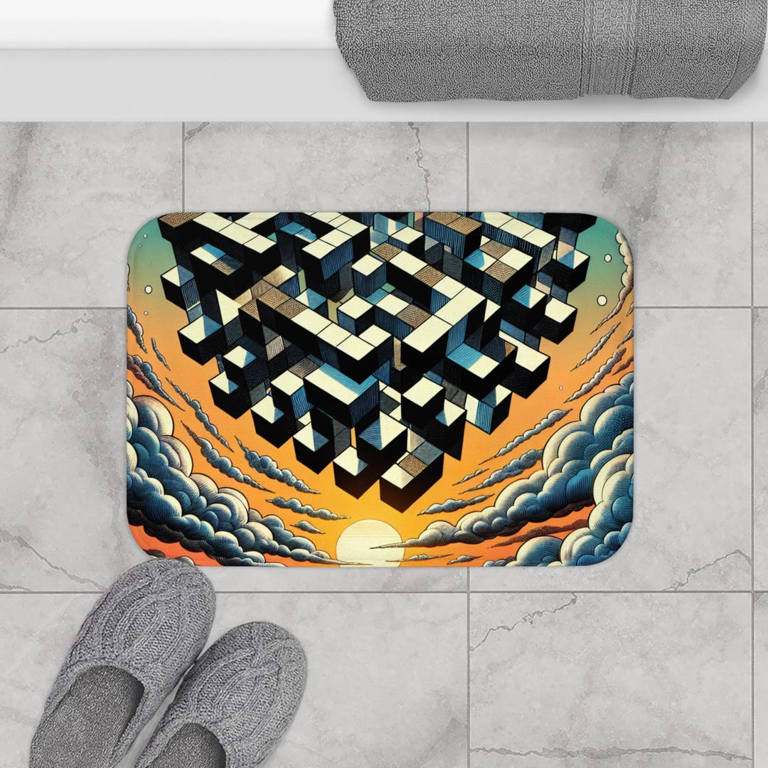 Comic Bath Mat, Labyrinth, Sunset Clouds in the Sky Design, Microfiber ...