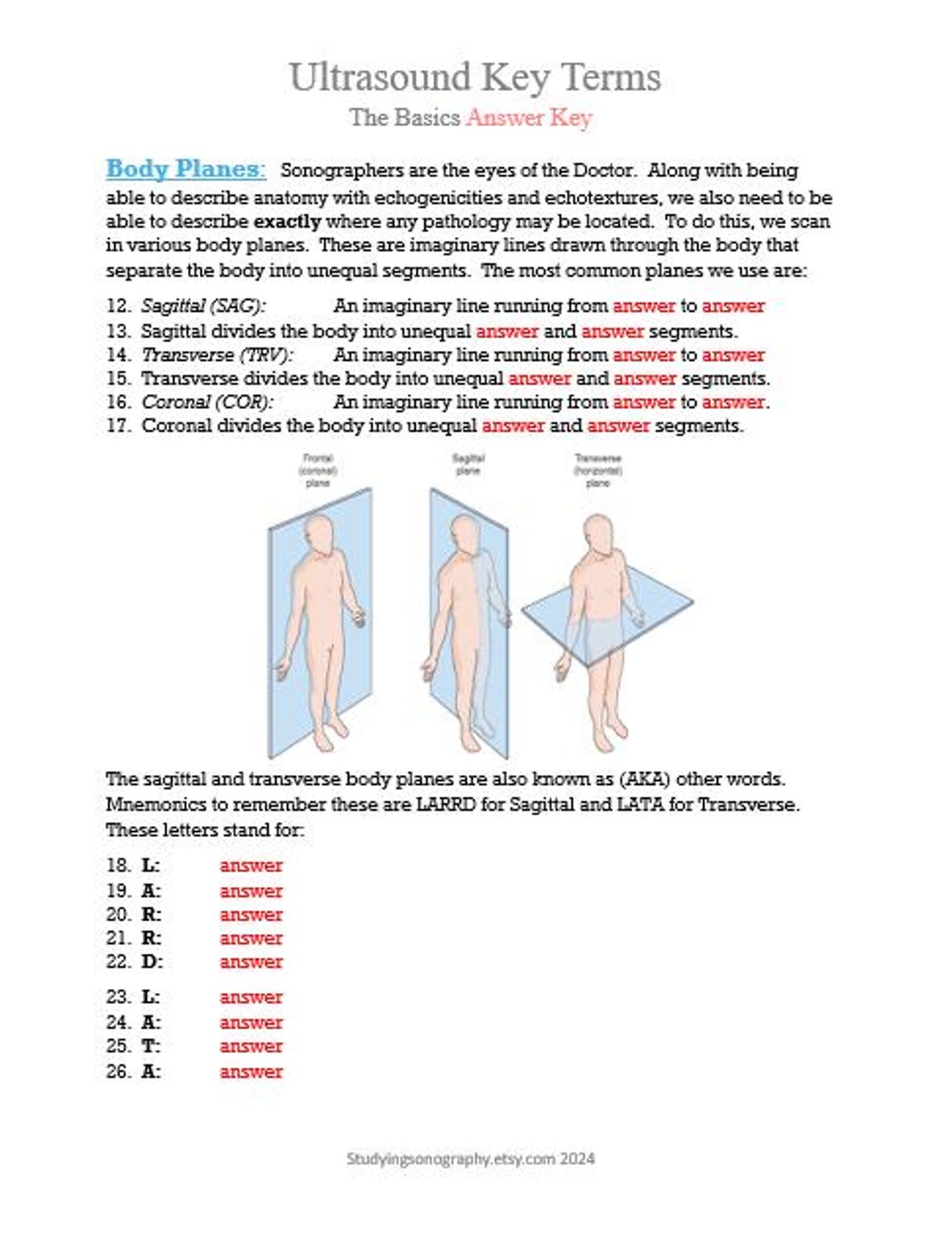 Ultrasound Basic Key Terms Study Document (blank and Answer Key) - Etsy