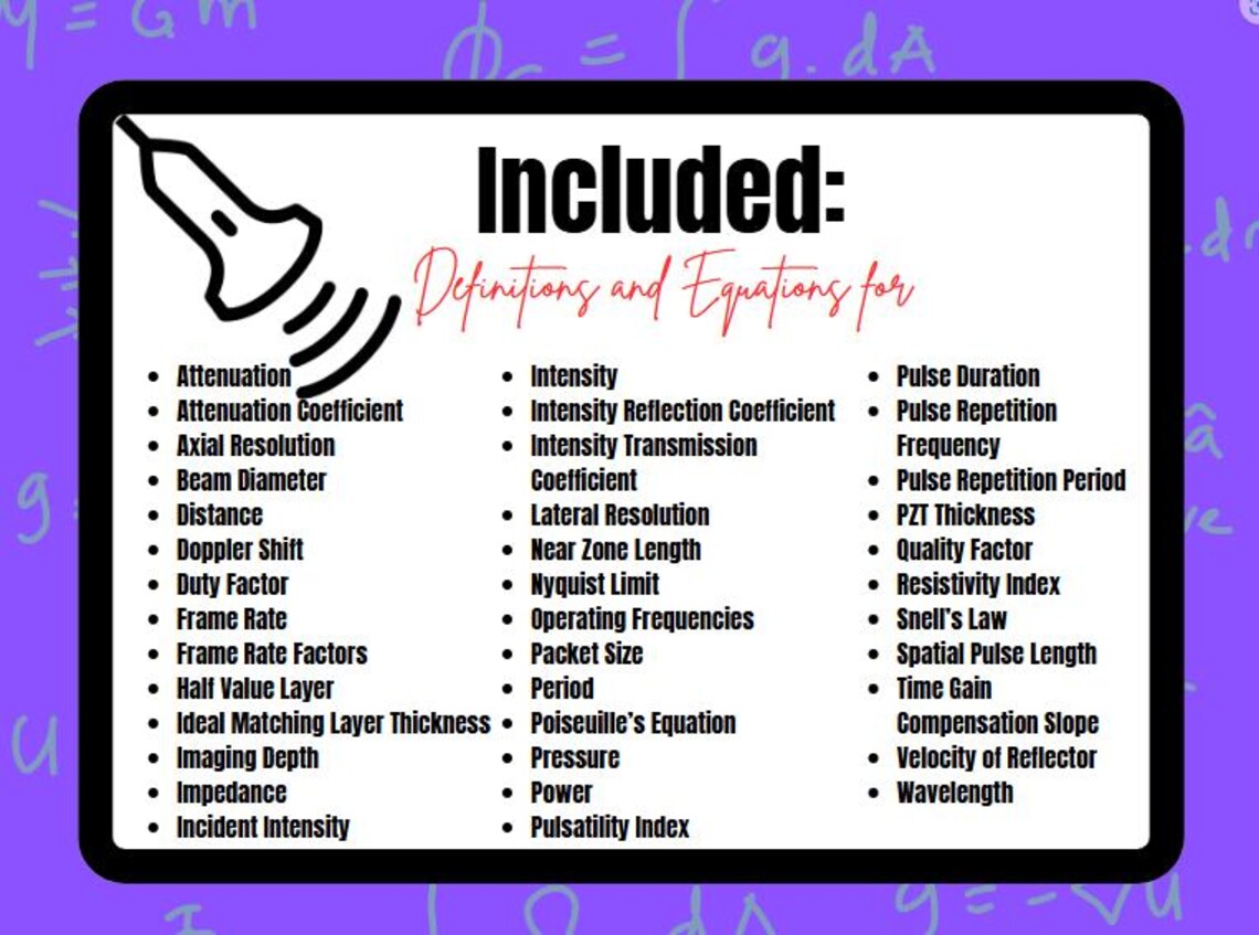Ultrasound Physics Formula Chart: Definitions and Equations Listed ...