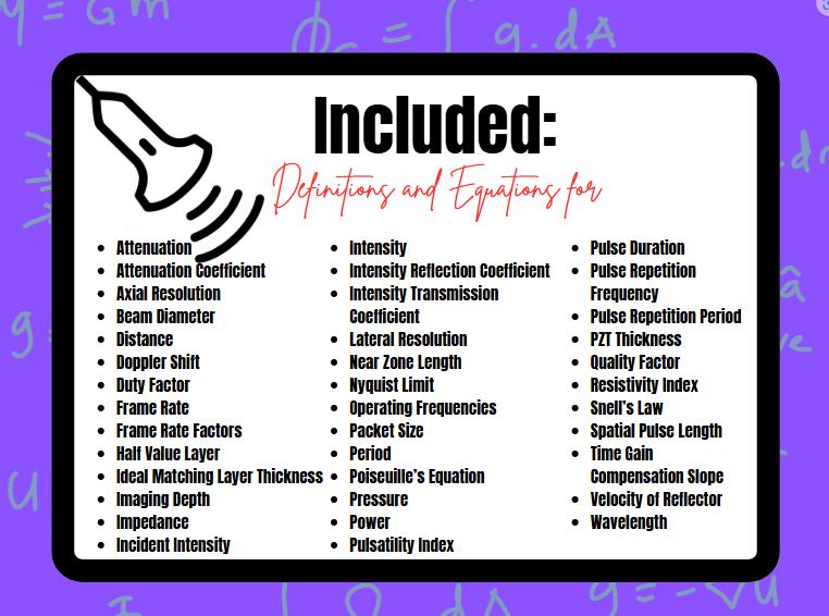 Ultrasound Physics Formula Chart: Definitions and Equations Listed ...