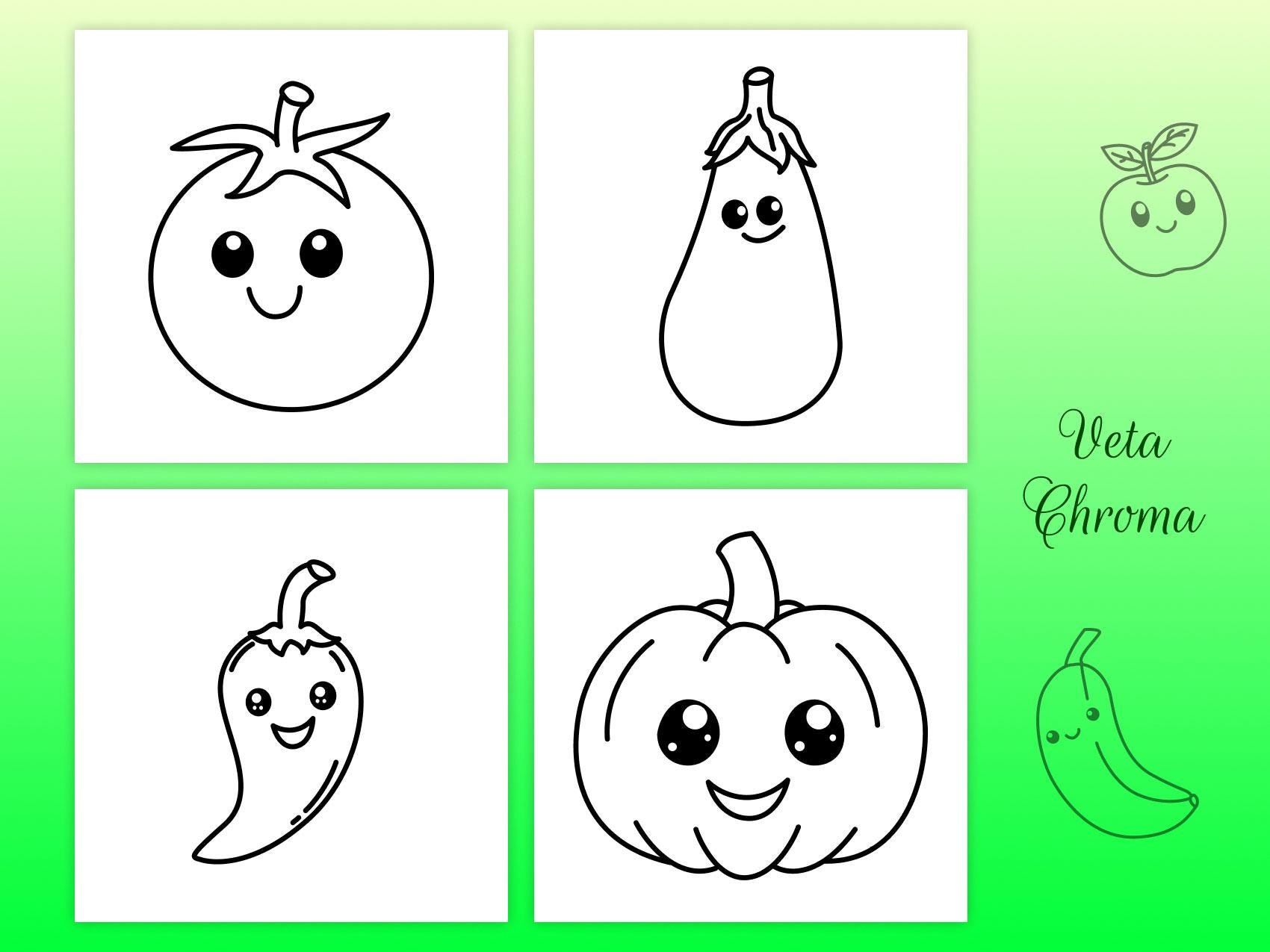 Cute Kawaii Fruits and Vegetables | 16 Coloring Pages | Instant PDF ...