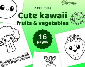 Fruits and Vegetables Coloring Pages set of 2, Cute Kawaii Coloring ...