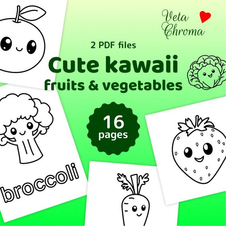 Cute Kawaii Fruits and Vegetables | 16 Coloring Pages | Instant PDF ...