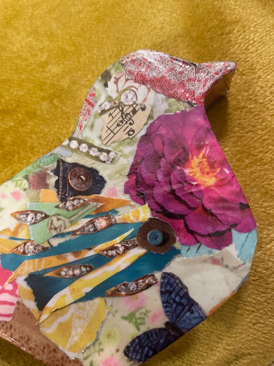 Decoupage Bird Art: Handmade Magazine Collage, "bursting Bloom" Decor ...