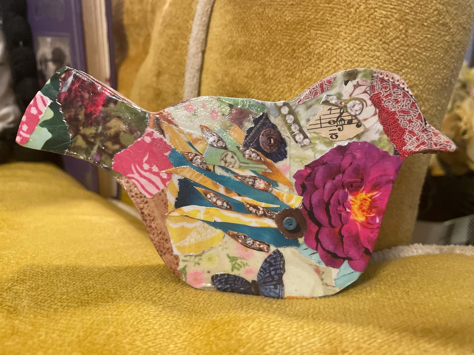 Decoupage Bird Art: Handmade Magazine Collage, "bursting Bloom" Decor ...